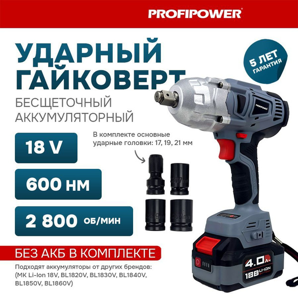Аккумуляторный гайковерт бесщеточный ударный ProfiPower DWDTW-18V (без акб, 600Нм, набор головок ...