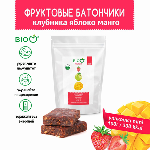 Батончики манго клубника 100г BIOM MINI фруктовые ягодные без сахара ...