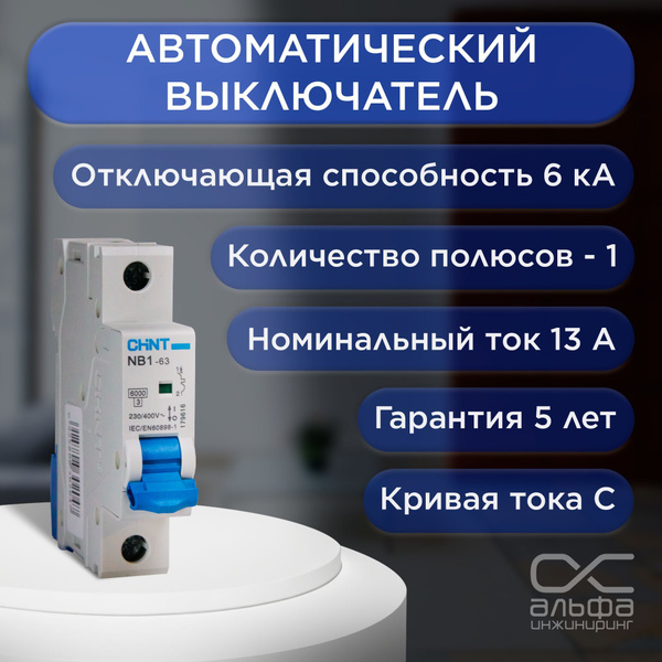 Купить Автоматический выключатель CHINT NB1-63 1P 13A 6кА х-ка C, 179615 по низкой цене в ...