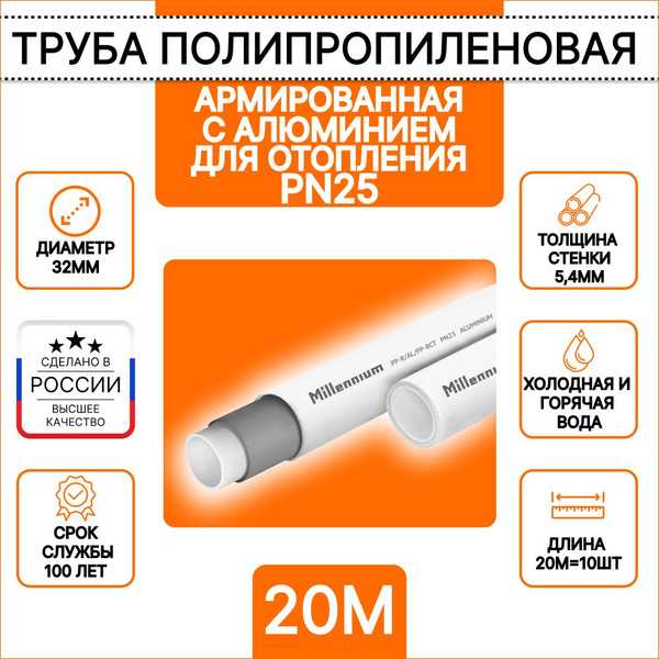 Труба 20м 32х5,4 полипропиленовая (2 метра 1 шт) PN25 армированная с ...