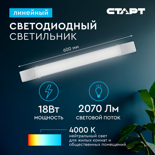 Светильник светодиодный линейный СТАРТ SMD призма 18Вт, 4000К, 60см ...