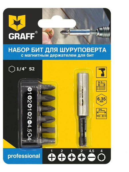Бита Graff Набор из 6 бит и магнитного держателя, наконечники PH/PZ/SL ...