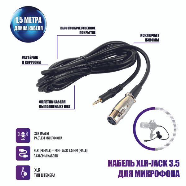 Кабель Pantogroff Кабель XLR-Jack 3.5 для микрофона, 1,5 м - купить по ...