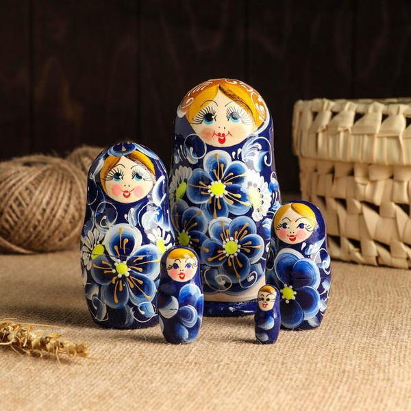 Матрешка 5 кукол, "Нина" синяя, 13 см, ручная роспись (6032600 ...