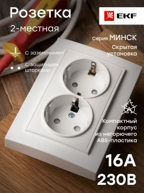 Минск Розетка 2-местная СП с заземлением 16А белая с защ. штор. EKF Basic - купить по низкой ...