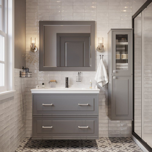 Мебель для ванной комнаты STWORKI Хадстен 100 cерая, подвесная, из МДФ, российская (гарнитур ...