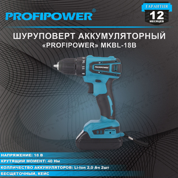 Profipower Дрель-шуруповерт, 18 В, 40 Нм, 2 АКБ купить на OZON по низкой цене (1132973717)