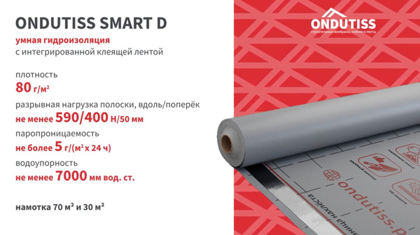 Гидроизоляция для кровли ONDUTISS Smart D пленка для пароизоляции ондутис (30м2) - купить с ...