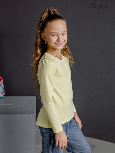 Лонгслив Девочки SOVAlina желтый Длинный, размер 134 Кулирная гладь Воротник Танцы свободный ...