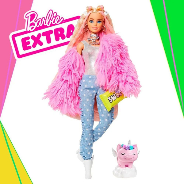 Шарнирная кукла Barbie Extra в розовой шубе и питомцем Барби Экстра ...