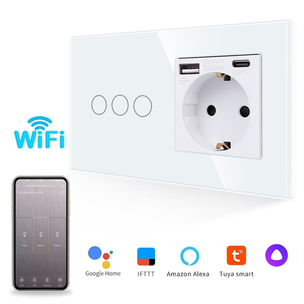 WiFi Сенсорный выключатель комби для Алисы 3 клавиша 1 розетка,2 поста ...