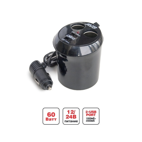 Разветвитель прикуривателя AVS CS214U, универсальный автомобильный адаптер на 2 выхода+USB 12 ...