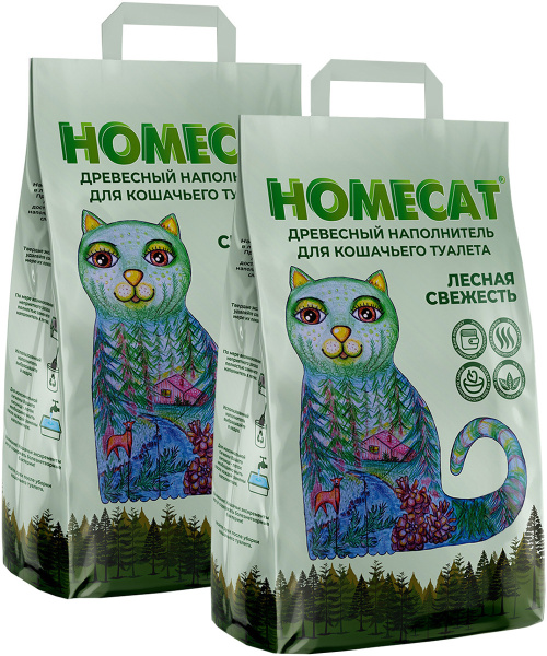 HOMECAT ЛЕСНАЯ СВЕЖЕСТЬ наполнитель древесный для туалета кошек (9 + 9 ...