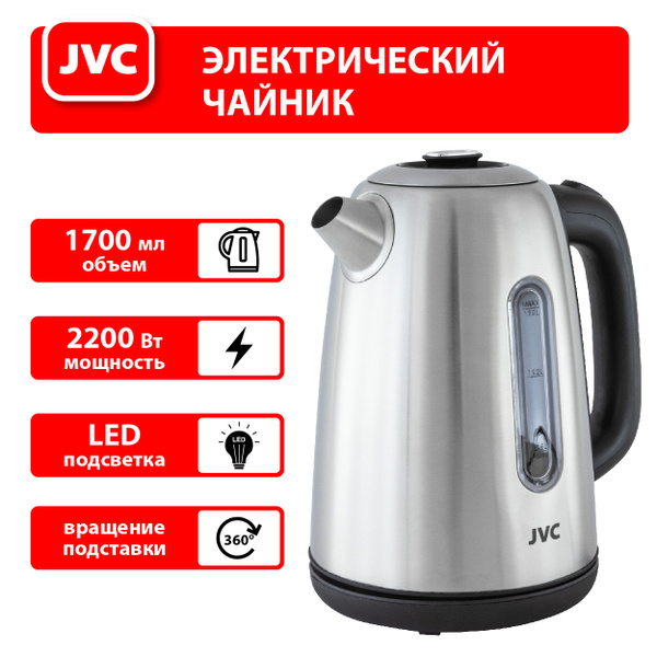 Купить электрический чайник JVC JK-KE1715 нержавеющая сталь, 1,7 л с LED подсветкой, съемная ...