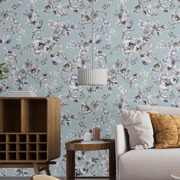 Серо-голубые обои с цветами и листьями decoracion #7050806, 400х280см ...