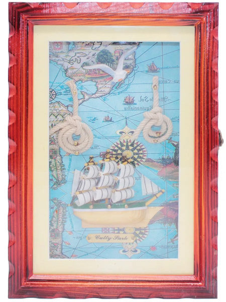 Ключница "Морская карта ", с резной дверцей, цвет: коричневый, 25*17*6 ...