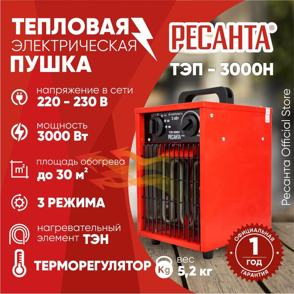 Тепловая электрическая пушка ТЭП-3000Н компактная Ресанта / 3000 Вт ...