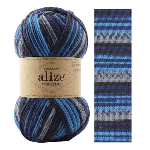 Пряжа Wooltime, Alize - 11011 (принт), 75% SW шерсть, 25% полиамид, (100г, 200м), нитки для ...