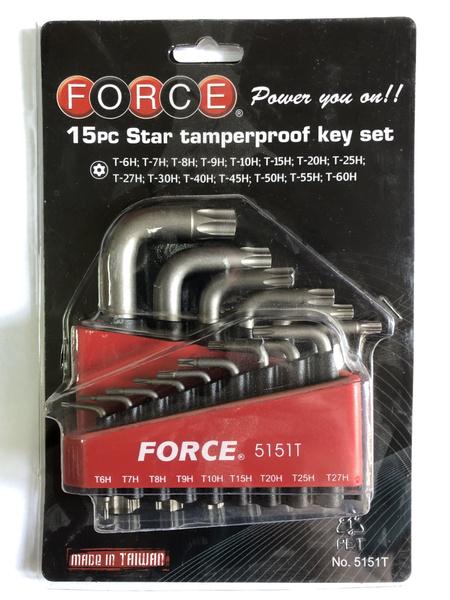 Набор TORX c отверстием Г-образных Т6Н-Т60Н, 15 предметов FORCE ...