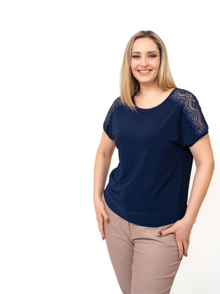 Блузка Женский Balsako синий Трикотаж, Кружево Кружево Короткий, размер ...