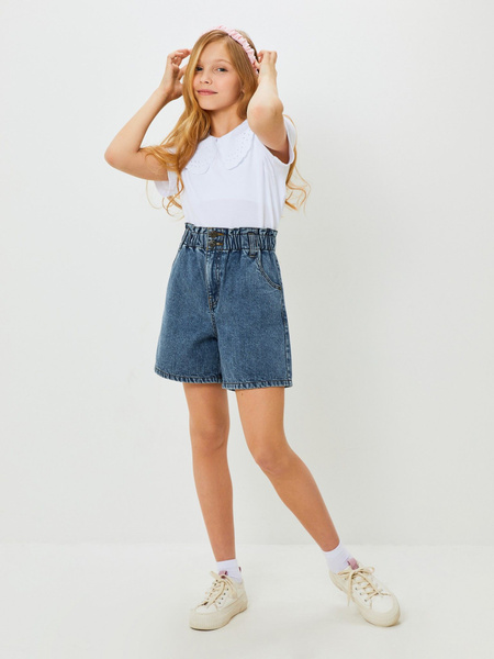 Шорты Девочки Acoola Повседневный синий, темно-синий, размер 146 Деним Молния, Кнопки Карманы ...