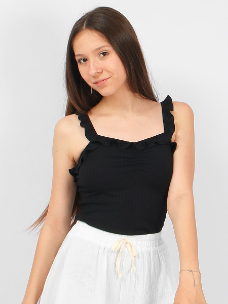 Топ Девочки Соль&Перец черный, размер 158 Вискоза Бретельки Повседневный Бег, Йога Рюши Россия ...