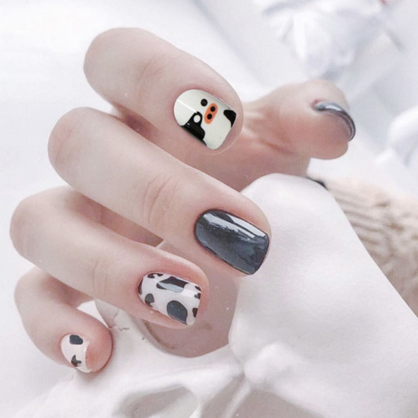 Ногти накладные с клеем черно белые короткие квадрат 24 шт купить