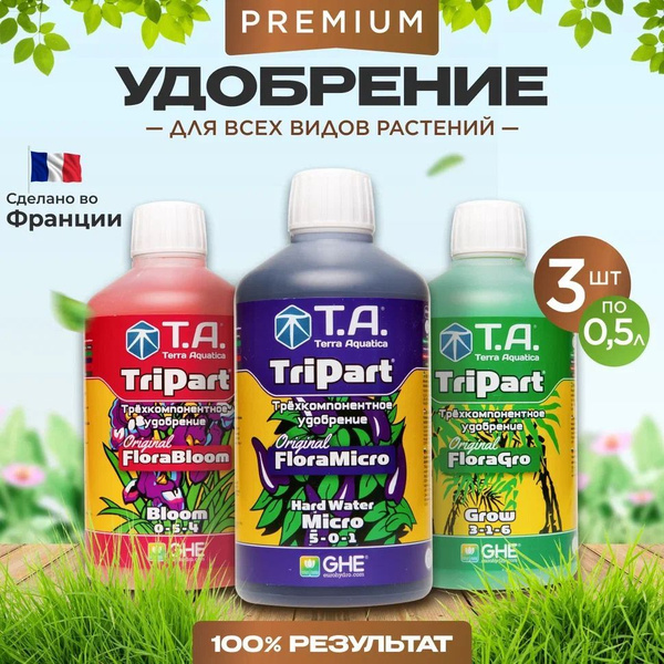 Комплект удобрений, GHE Flora Series, (Grow + Bloom + Micro HW), 3шт. по 0.5л, (Terra Aquatica ...