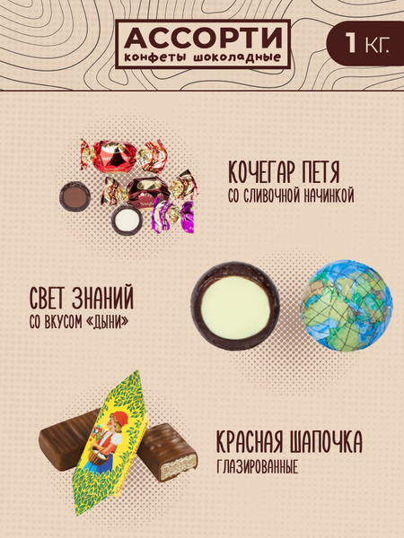 Конфеты шоколадные ассорти 1 кг: Кочегар Петя; Свет знаний; Красная ...