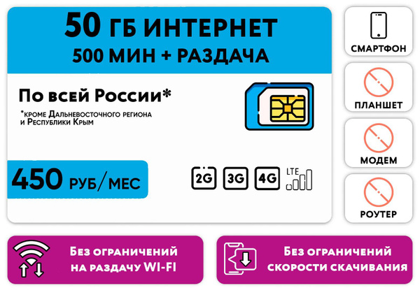 WHYFLY Тарифный план SIM-карта 500 минут + 50 гб интернета 3G/4G/LTE за 450 руб/мес (смартфоны ...