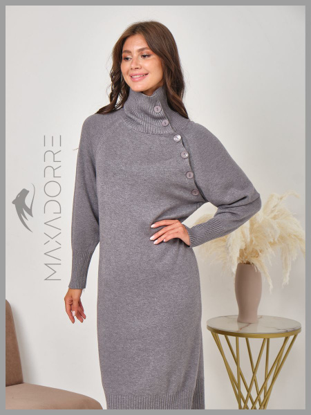 Платье Женский MAXADORRE серый Офисный/школьный Длинный Полиэстер, Акрил Воротник, Пояс/ремень ...