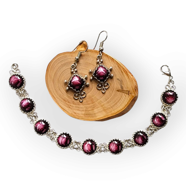 Комплект с ростовской финифтью Серьги и браслет Закат бородовый Гарнитур с эмалью Ручная