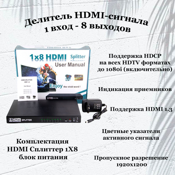 HDMI Разветвитель H139 HDMI Сплиттер на 8 выходов Делитель HDMI-сигнала ...