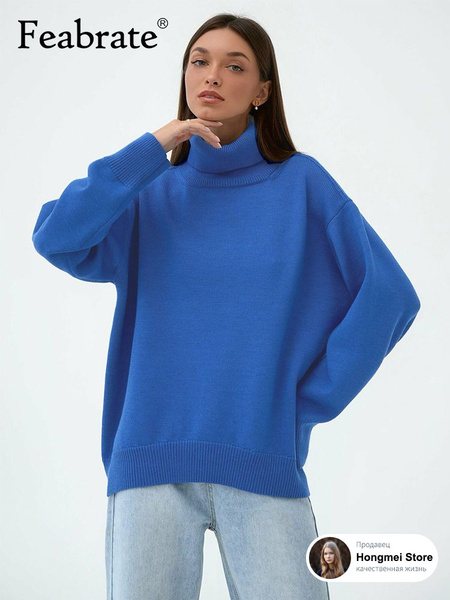 Свитер Женский Feabrate синий Вискоза, Полиэстер, размер 48 Без застежки Длинный Однотонный ...