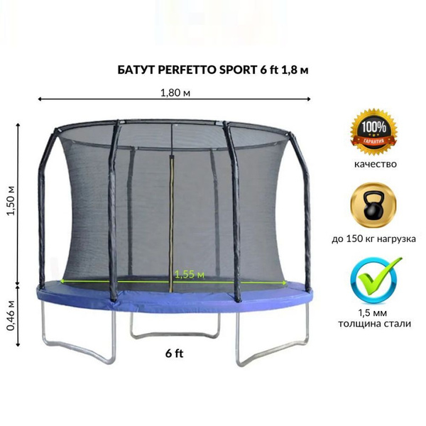 Батут PERFETTO SPORT 6ft диаметр 180 см каркасный с защитной сеткой, до ...