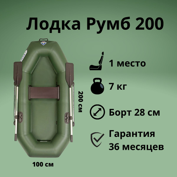 Лодка ПВХ надувная Румб Р-200 (Зеленый), гребная, для рыбалки, сварной ...