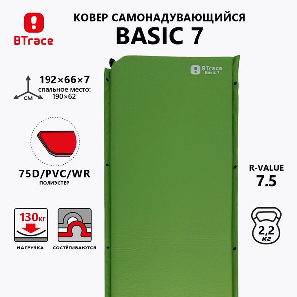 Коврик туристический самонадувающийся BTrace Basic 7, зеленый, 198*63*7 см купить на OZON по ...