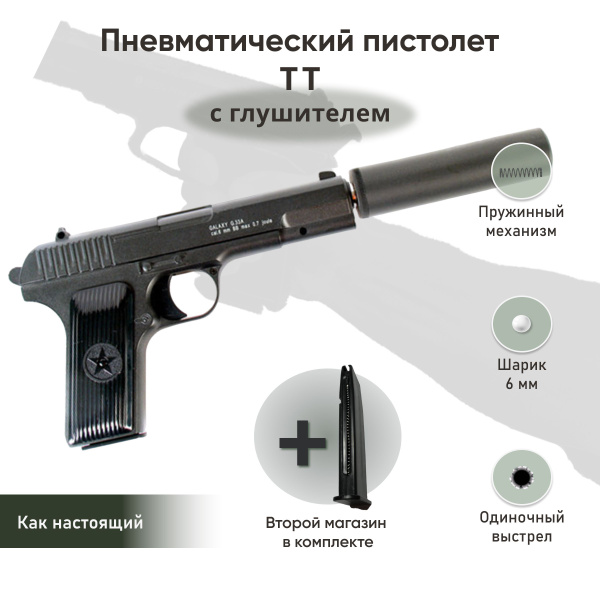 Пистолет пневматический для страйкбола ТТ с глушителем пружинный. 0,5 ...