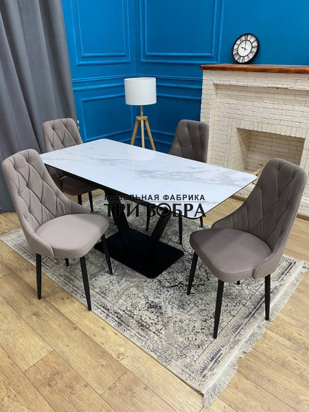 Стол кухонный раздвижной стулья для кухни комплект 4 шт ТРИ БОБРА ЛЕОН итальянский мрамор