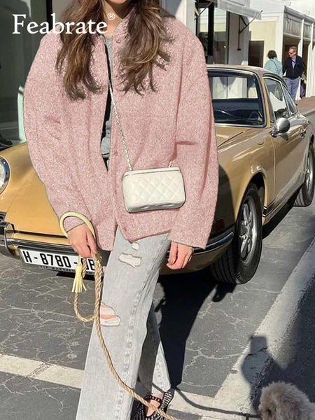 Бомбер Женский Feabrate Карманы, Воротник светло-розовый Полиэстер, размер 52 Длинный На любой ...