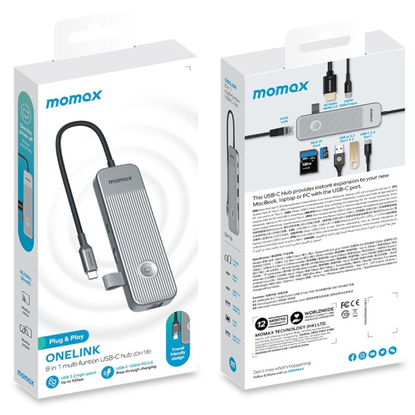 USB-Хаб Type-C Momax ONELINK 8 в 1, Type-C PD 100 Вт, 3xUSB-A, HDMI ...