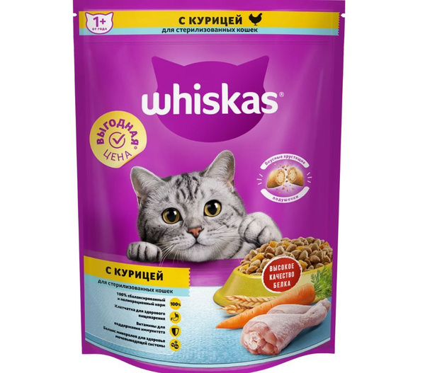 Whiskas Корм сухой для стерилизованных кошек Подушечки паштет Курица