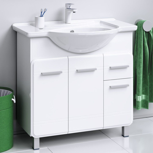 Тумба с раковиной Aqwella Корсика 85 86, 5 см, из МДФ, из фаянса, с ящиками, белая, полукруглая ...