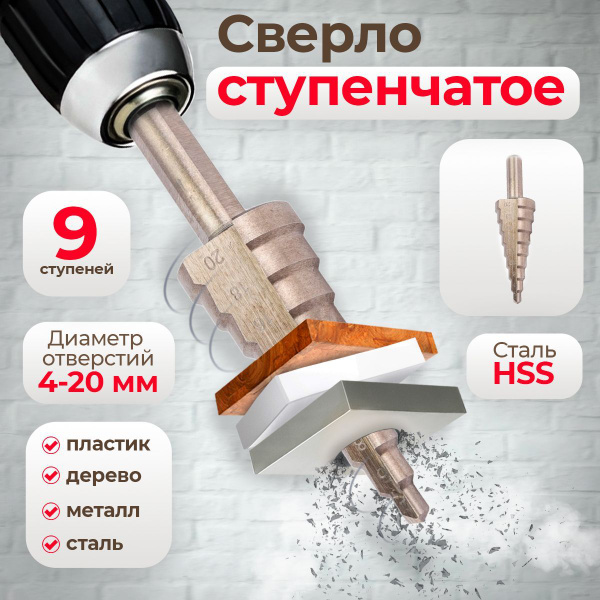 Сверло ступенчатое 4-20 мм, 9 ступеней, конусное, по металлу / Hardcore ...