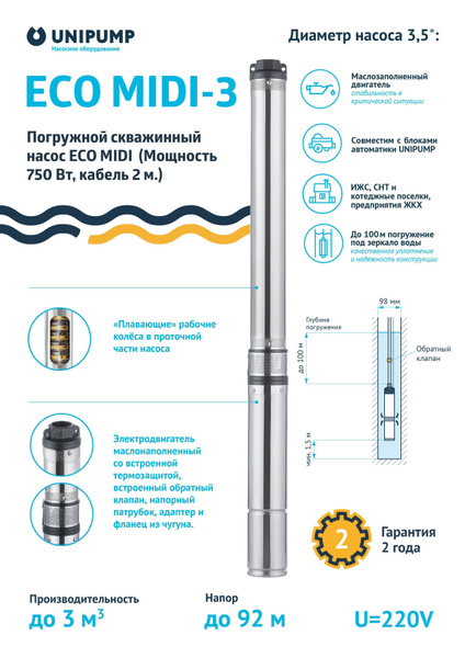 Насос скважинный UNIPUMP ECO MIDI-3 - купить по выгодной цене в интернет-магазине OZON (1052436793)