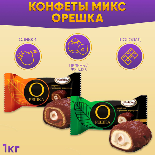 Конфеты микс Орешка с цельным фундуком со вкусом сливок + со вкусом ...