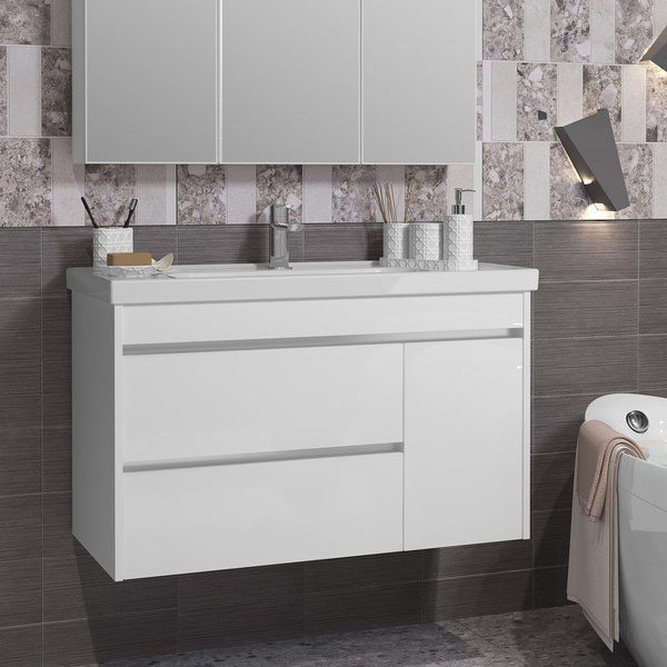 Тумба с раковиной Opadiris Фреш 100 подвесная, 100 см, из МДФ, из фаянса, с корзиной, с ящиками ...