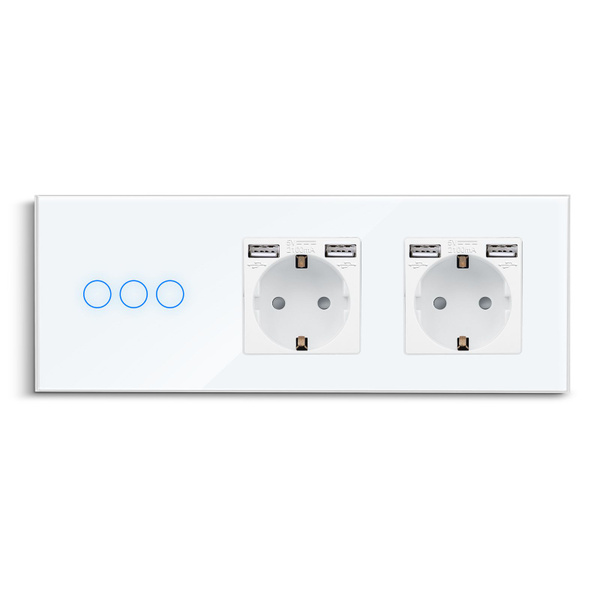 Сенсорный Выключатель трехклавишный с двумя розетками с 2 USB,3 клавиша ...