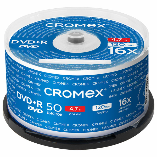 Носители информации CROMEX Диски DVD+R плюс, 4,7 Gb, 16x, Cake Box ...
