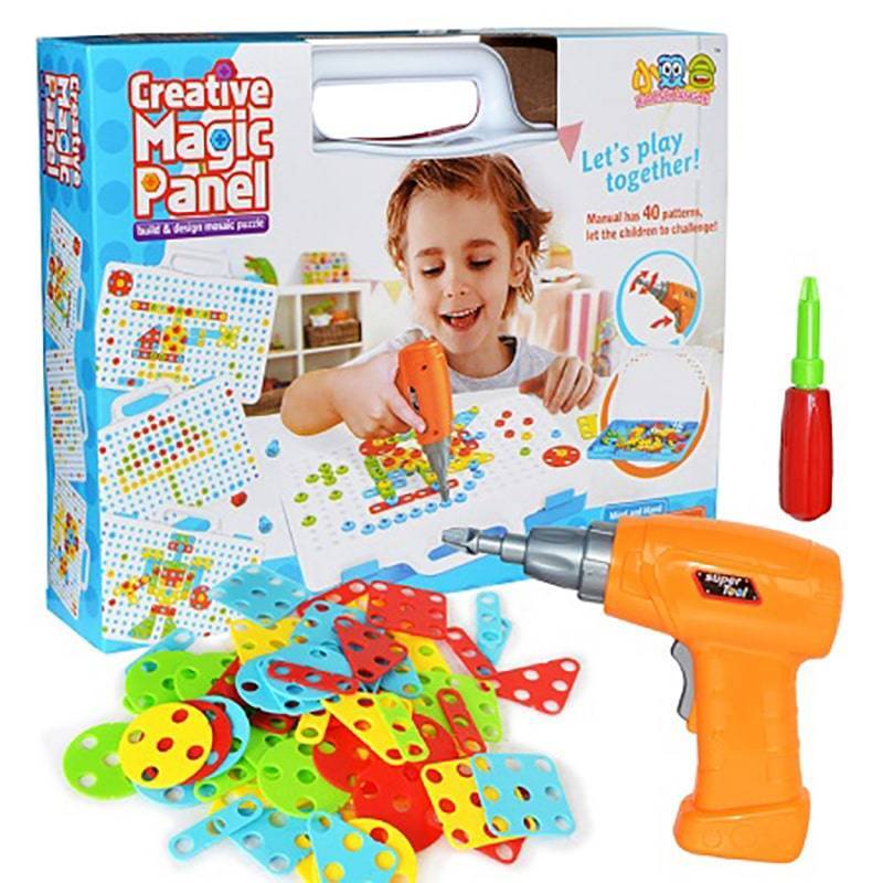 Детский конструктор мозаика с шуруповертом на батарейках Creative Magic Panel 151 деталь ...